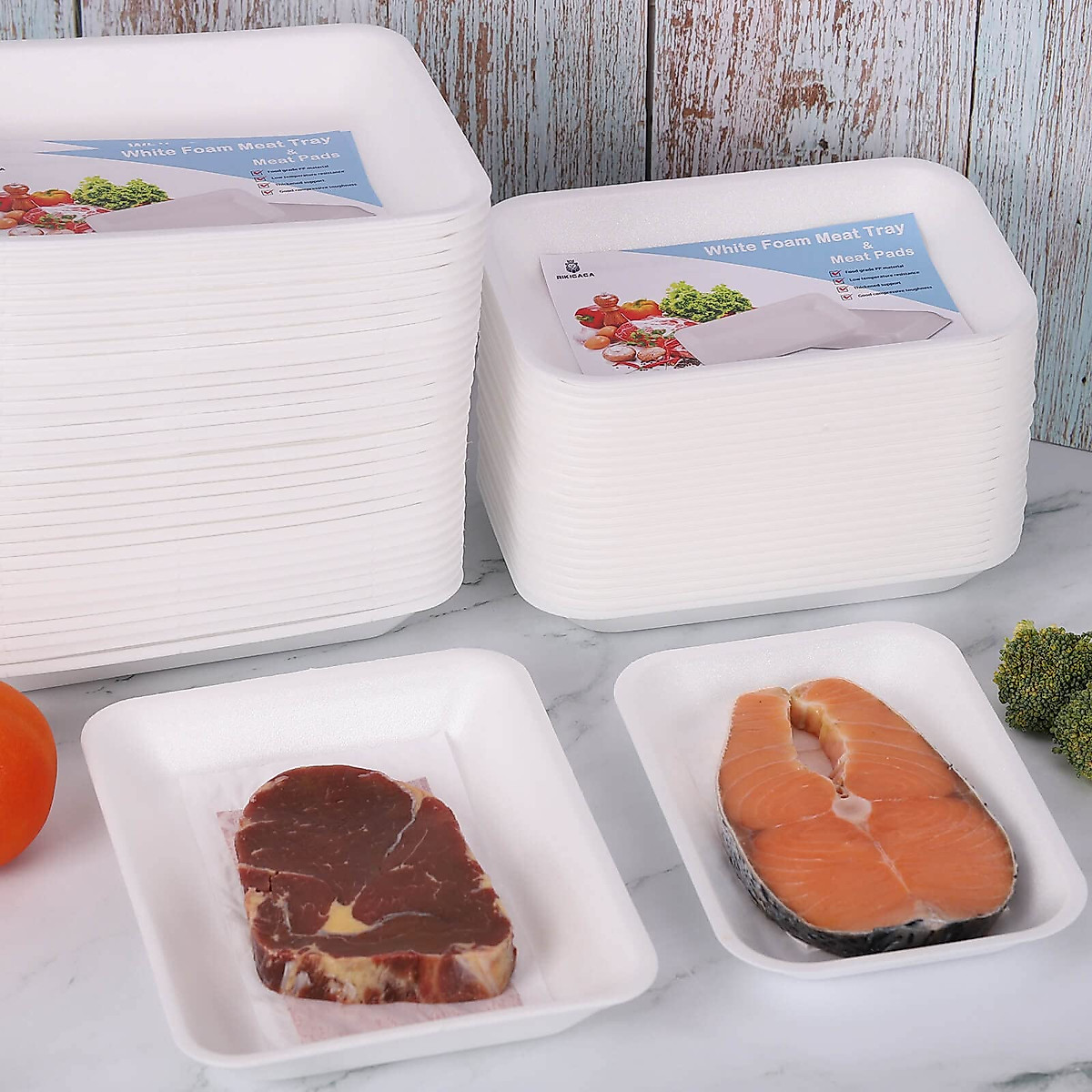RIKICACA White Styrofoam Meat Trays (25pcs/Pack - 7.87" x 5.11" x 0.9") with White Meat Absorbent Pad, Disposable Small Foam Meat Trays for Food.