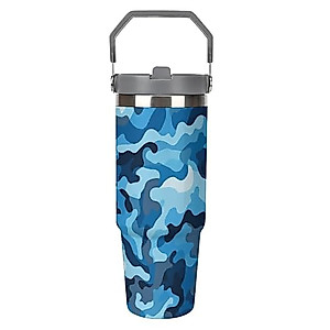 WITHSBKK 30oz Car Cup Blue Camouflage Pattern Printed with Portable, Stainless Steel Travel Mug, Vacuum Insulated Tumbler And Straw, Leakproof for Car & Outdoor, UV Printed Design