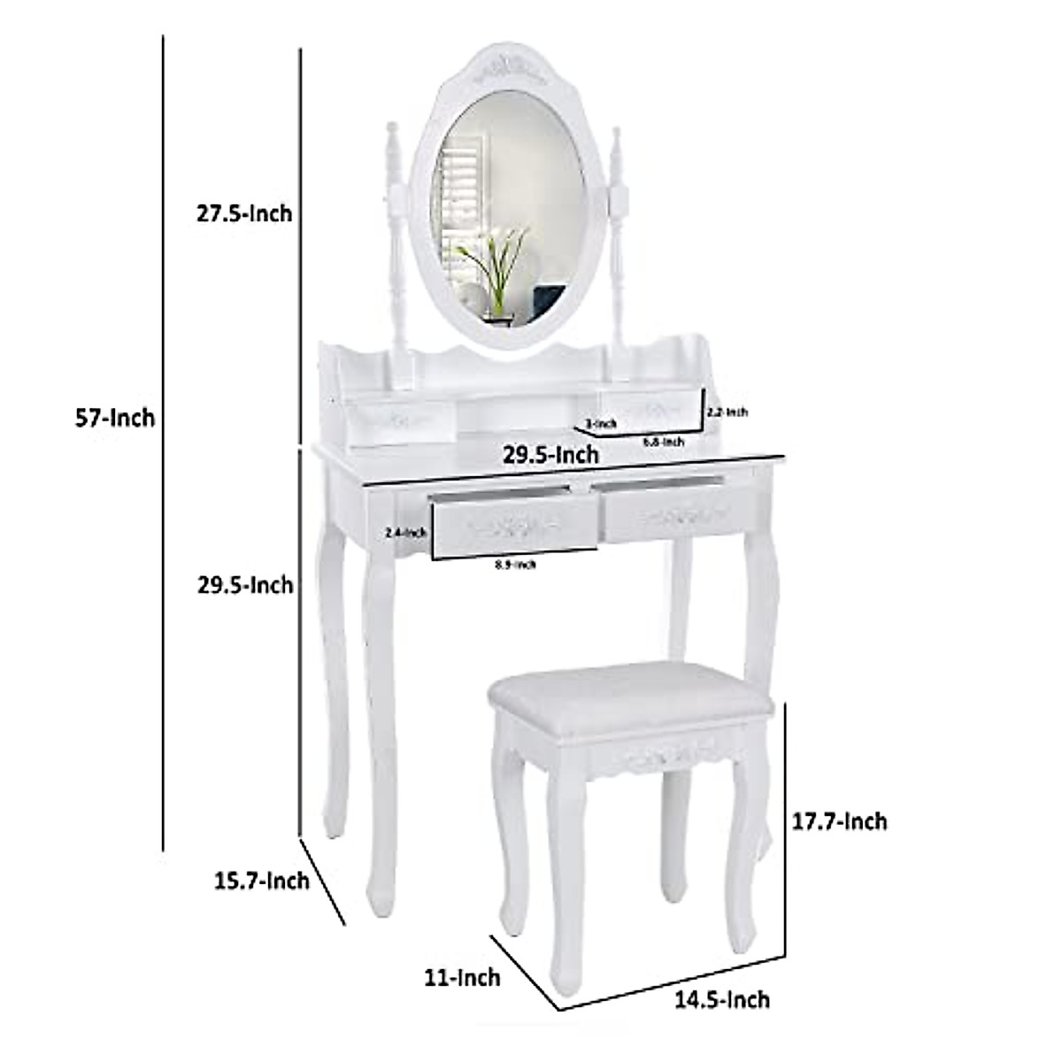 The Urban Port Ren 30-Inch 3-Piece Vanity Desk Set with Rotating Mirror and Matching Stool, 4 Drawers, Solid Wood, Pure White