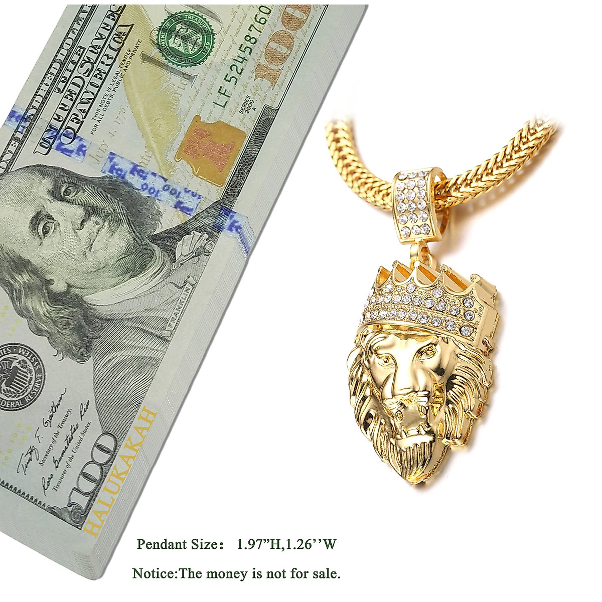 Halukakah 18k Real Gold Plated Men Necklace Large Crown Lion Pendant Lab Diamonds 7mm Sharktail Chain 30", with Giftbox