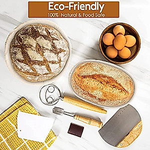 ECOMERR 9” Banneton Bread Proofing Basket - Set of 2 Round & Oval Rattan Proofing Baskets for Sourdough Bread Baking with Bread Lame + Steel & Plastic Dough Scraper + Linen Liner Cloth + Dough Whisk