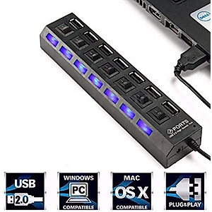 7-Port USB 2.0 Hub High Speed Power Cable with Blue LED Light Indicator ON/Off Sharing Switch Adapter for PC Laptop (Black)