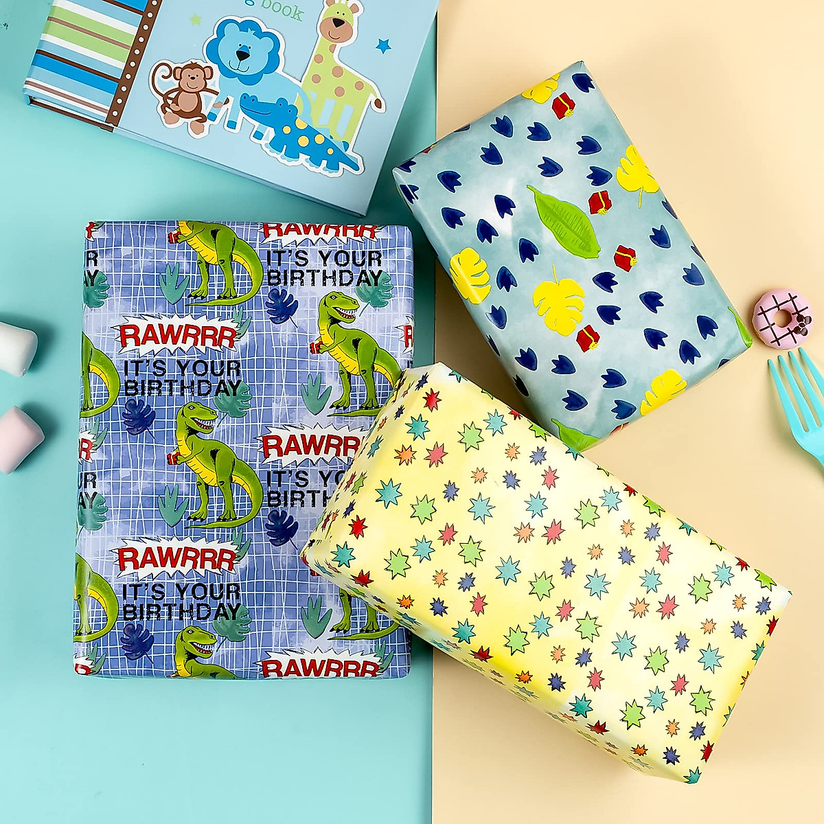 WRAPAHOLIC Birthday Wrapping Paper Roll - Dinosaur and Irregular Pattern Design Perfect for Celebration, Party, Baby Boy Present Packing - 4 Rolls - 30 inch X 120 inch Per Roll