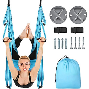 HITIK Aerial Yoga Swing Set Anti Gravity Yoga Hammock for Outdoor and Indoor Inversion Therapy Flying Sling Set (with Ceiling Mount Accessories) blue