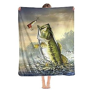 Bass Fish Fleece Blanket Foldrable Throw Blanket Washable Couch Sofa Fuzzy Blanket Reversible Plush Blanket Beach Blanket for Home Office