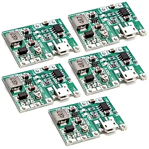 (5 Pack) JacobsParts Micro-USB TP4056 3.7V Battery Charger Module 7W DC UPS with Adjustable Step-up Boost Output 5V 9V 12V 27V