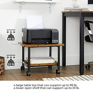VASAGLE Industrial Under Desk Printer Stand, 2-Tier Mobile Machine Cart with Shelf, Heavy Duty Storage Rack for Office and Home, Rustic Brown and Black UOPS002B01