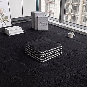12 Pcs Shaggy Interlocking Foam Carpet Tiles - 12" x 12", 12 Sq,Ft Kids Carpet Squares Protective Floor Mats Crawling Exercise Area Rugs for Children Room, Home or Classroom Use, Black