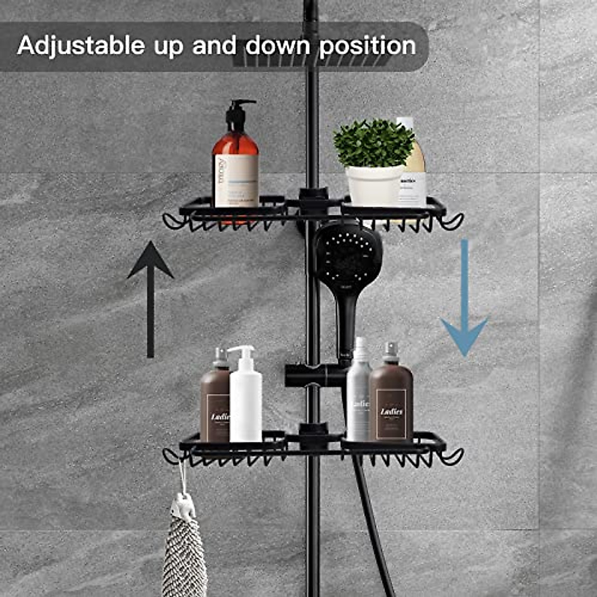 CLanXingn Bathtub Storage Organizer for Shampoo Accessories, Sink Faucet Sponge Holder,Rustproof Shower Pole Caddy Corner for Bathroom,Kitchen, Freestanding Tension Pole, Black