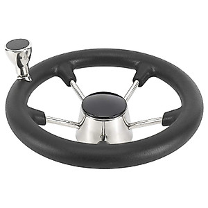NovelBee 11-1/2 Inch Stainless Steel 5 Spoke Boat Marine Destroyer Steering Wheel with Black PU Foam (With Knob)