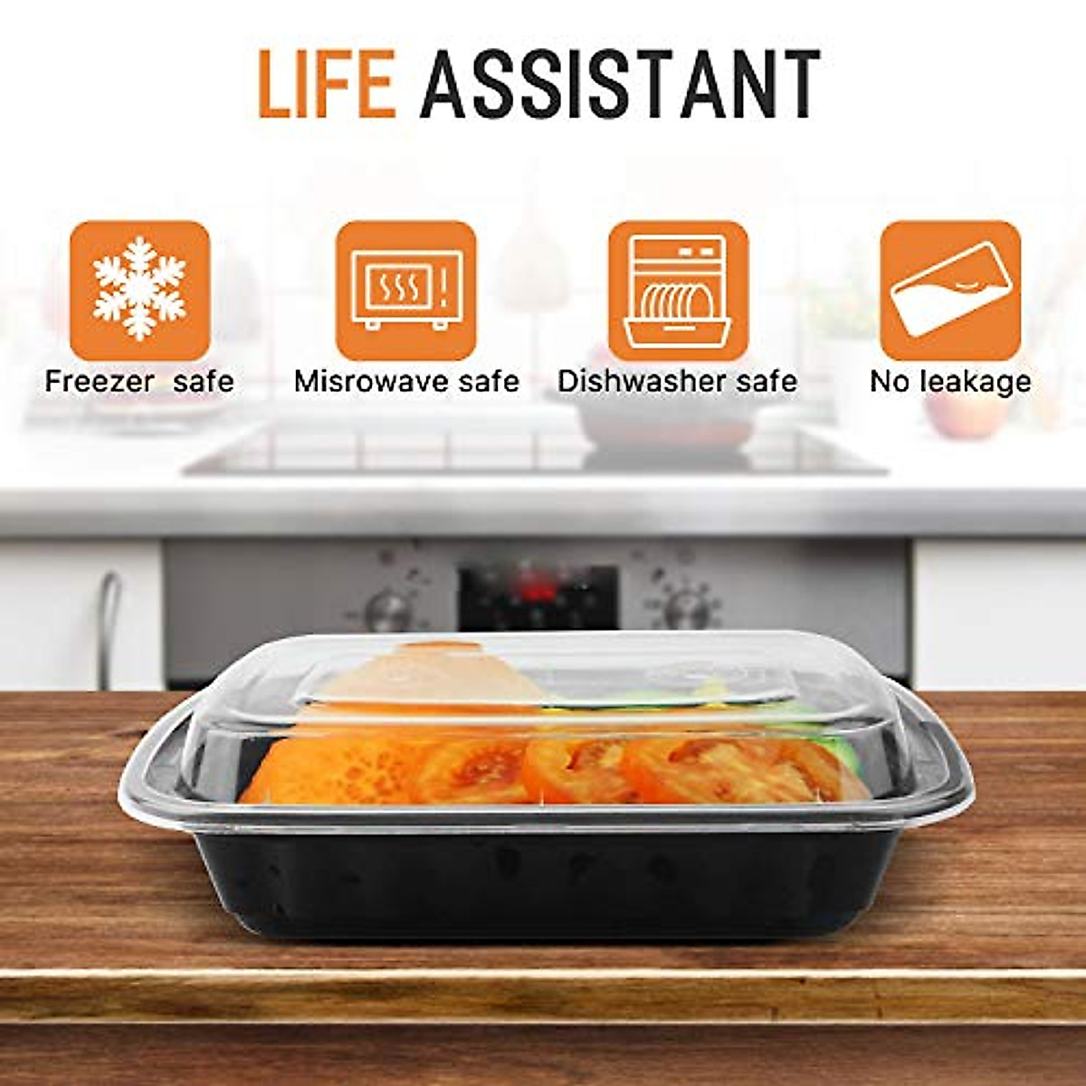 Miibox 28 Oz Bento Box with Lids, BPA Free, 50pcs Fork Disposable Food Take Out Container, Black