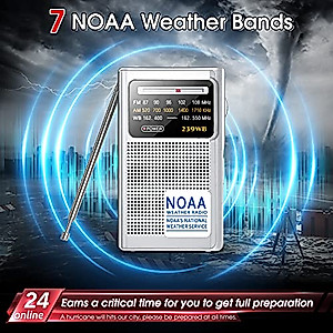 Greadio NOAA Weather Radio, AM/FM Battery Operated Transistor Portable Radio with Best Reception,Stereo Earphone Jack,Powered by 2 AA Battery for Emergency,Hurricane,Running, Walking,Home (Silver)
