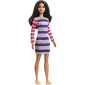 Barbie Fashionistas Doll #147 with Long Brunette Hair Wearing Striped Dress, Orange Shoes & Necklace, Toy for Kids 3 to 8 Years Old