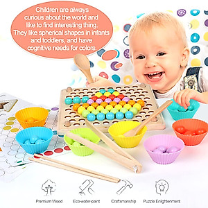 XISTEST Kids Wooden Toy, Children's Toys for 3 Years Old, Montessori Board, Fine Motor Early Education Color Recognition Chopsticks Clip Beads Hands Brain Training