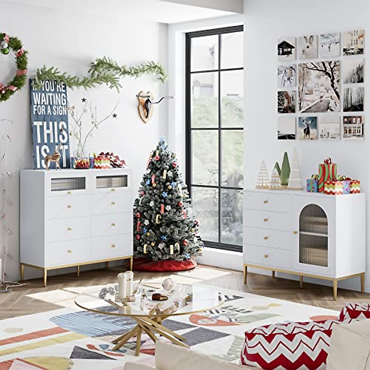 finetones White Dresser, Modern Dresser White and Gold Dresser with Waveform Glass Door and Gold Metal Legs, Gold Dresser Storage Chest of Drawers for Home