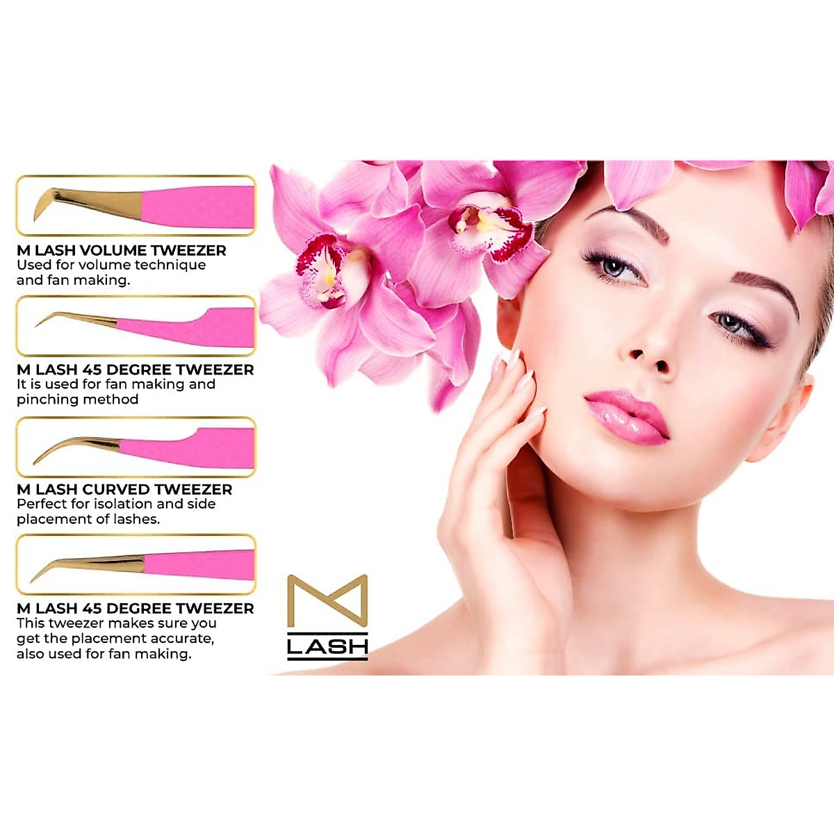 M LASH Tweezers for Eyelash Extensions (Set of 4) - Professional Lash Extension Tweezers - Fiber Tip, Japanese Steel, Diamond Grip Eyelash Extension Tweezer (Silver)