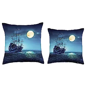Original Pirate Ship Moon Old Pirate Ship Full Moon Night Sailing Blue Sea Ocean Throw Pillow, 18x18, Multicolor