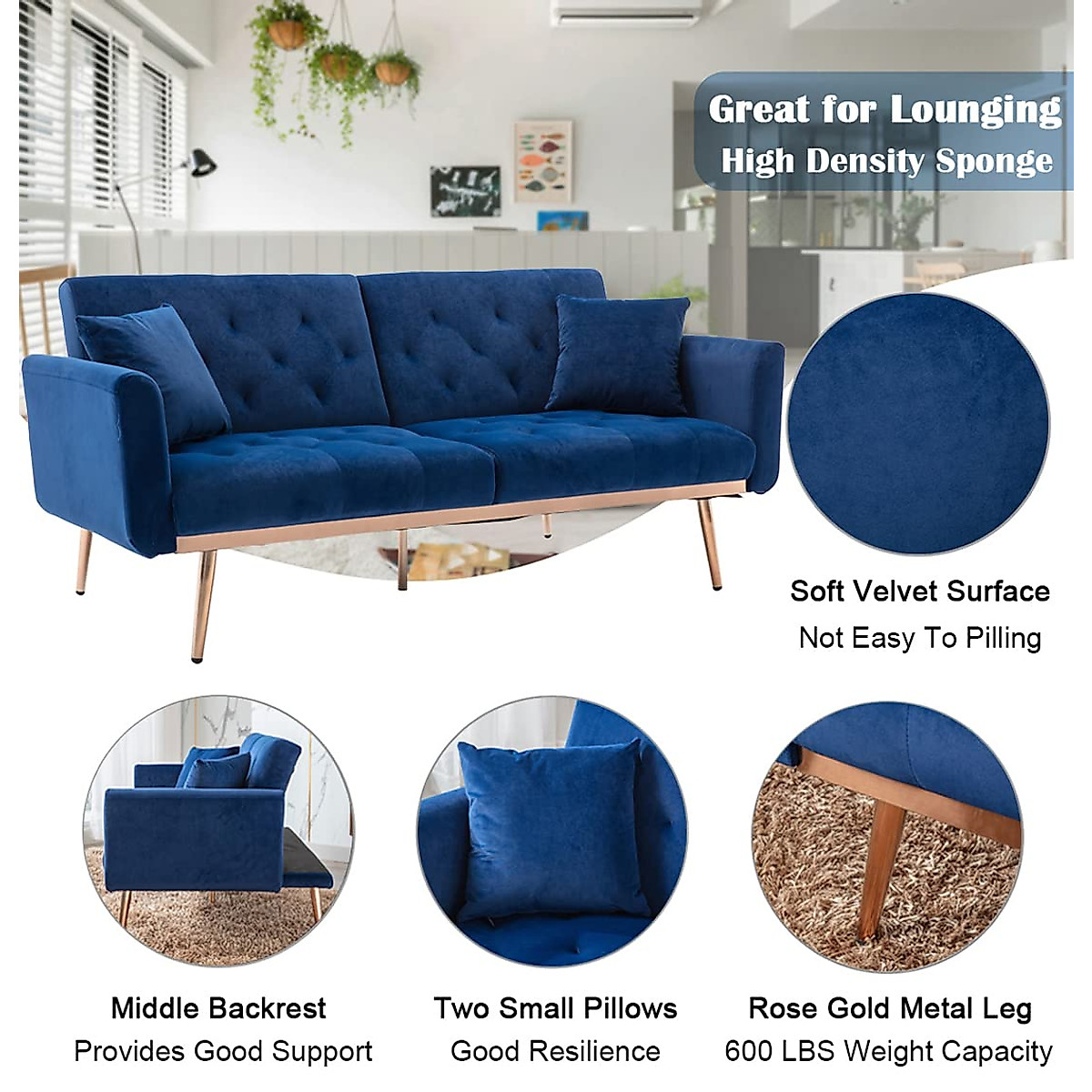 SLEERWAY Velvet Futon Sofa Bed with 5 Golden Metal Legs, Sleeper Sofa Couch with Two Pillows, Convertible Loveseat for Living Room and Bedroom, Blue