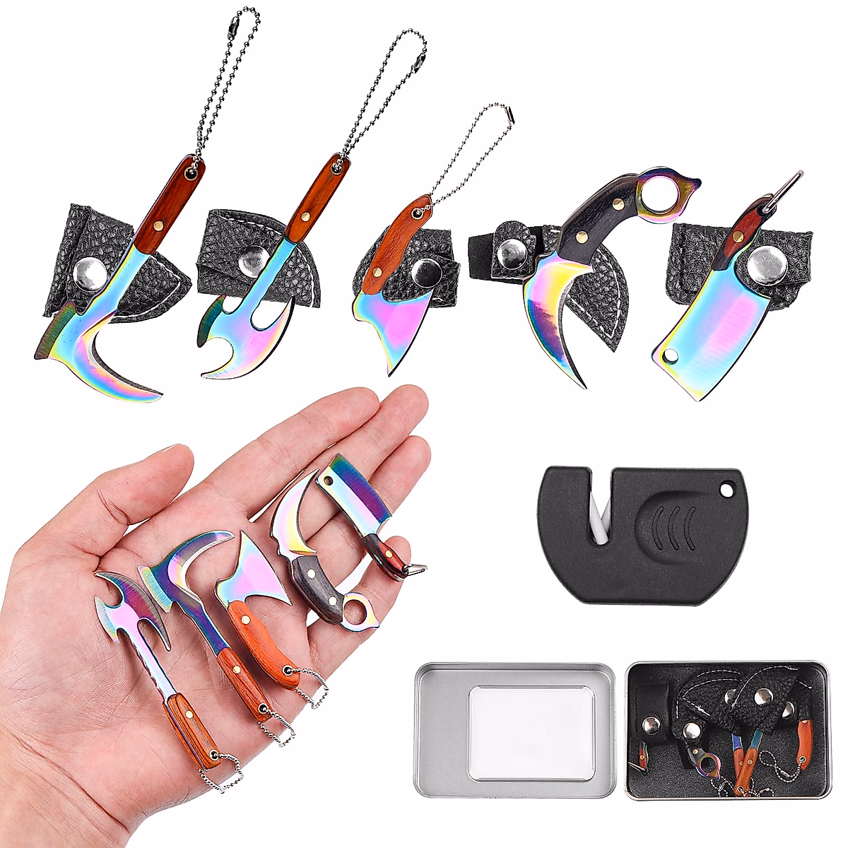 Ruksifg Mini Knife Set Tiny Knife EDC Knife for Package Opener, Letter Opener, Collection, Mini Knives Set with Sheath and Sharpener(Rainbow-5Pcs)