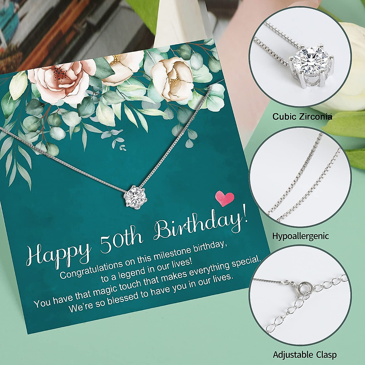 JeeweLife 50th Birthday Gift for Women, Sterling Silver Necklace with Cubic Zirconia, Perfect for Women 50+