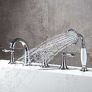 WuDLi Bath Mixer Tap 5 Hole Deck Mount Bath Shower Tap, Bathtub Mixer Tap with Pull Out Handheld Shower