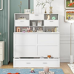 YSWH Queen Murphy Bed Chest, Wood Murphy Bed Frame with Bookcase, Bedside Shelves and Drawer, Versatile Chest Bed Folding Bed for Bedroom Furniture, Foldable Platform Bed Folded into Cabinet