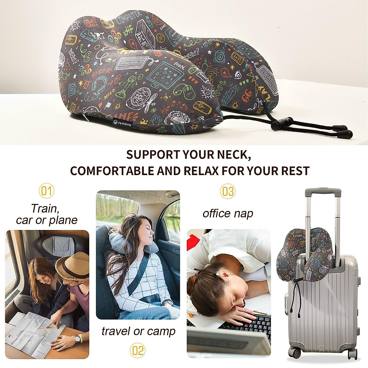 JIPONI Travel Pillow Computer Game Joystick Doodle Memory Foam Neck Pillow with Attachable Snap Strap for Traveling, Airplanes, Sleeping, Home, Office, Car