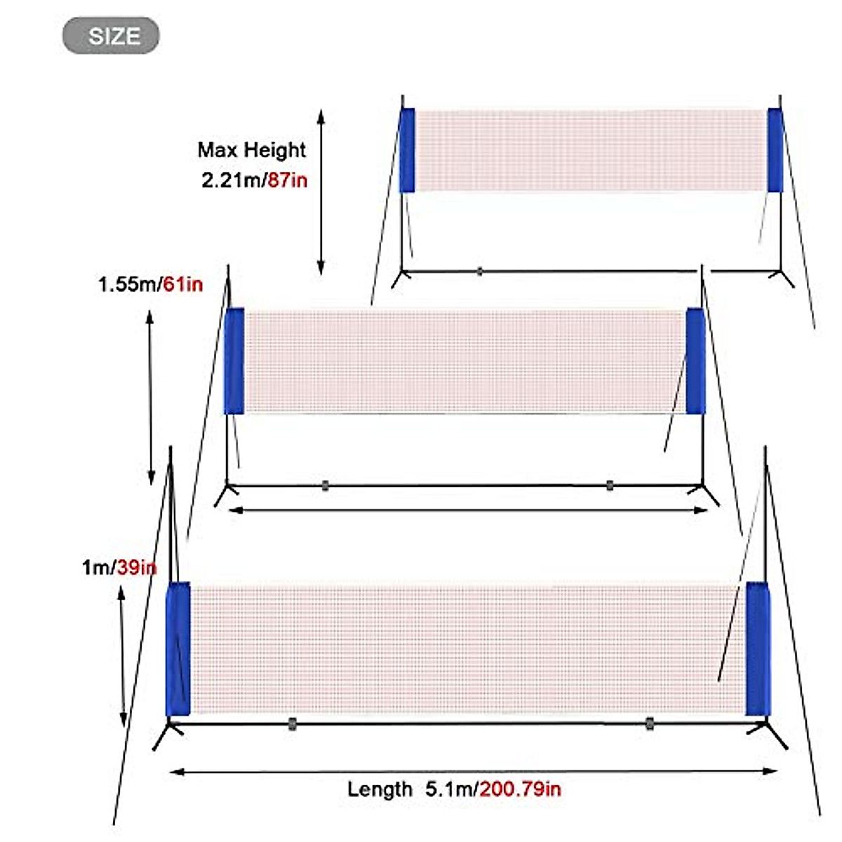 Portable Height Adjustable Badminton Volleyball Tennis Net Set Multi-Purpose Sports Equipment with Poles Stand and Carry Bag for Outdoor Garden Beach 5m/16ft