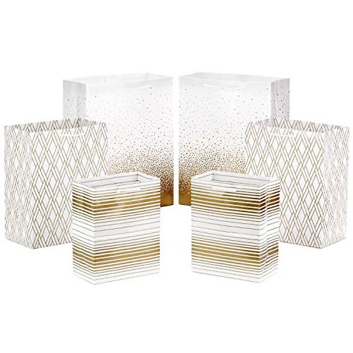 Hallmark Gold Gift Bag Assortment - Diamonds, Stripes, Dots (Pack of 6: 2 Medium 9", 2 Large 11", 2 Extra Large 14") for Chrsitmas, Hanukkah, Graduations, Birthdays, Weddings, Bridal Showers