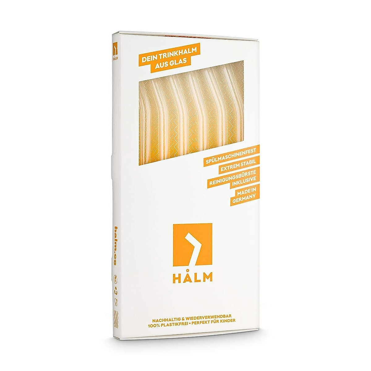 Halm Glass Straws - 6 Reusable 9 Inch Bent Drinking Straws + Plastic-Free Cleaning Brush - Dishwasher Safe - Eco-Friendly - Perfect for Smoothies, Cocktails, Boba - Made in Germany