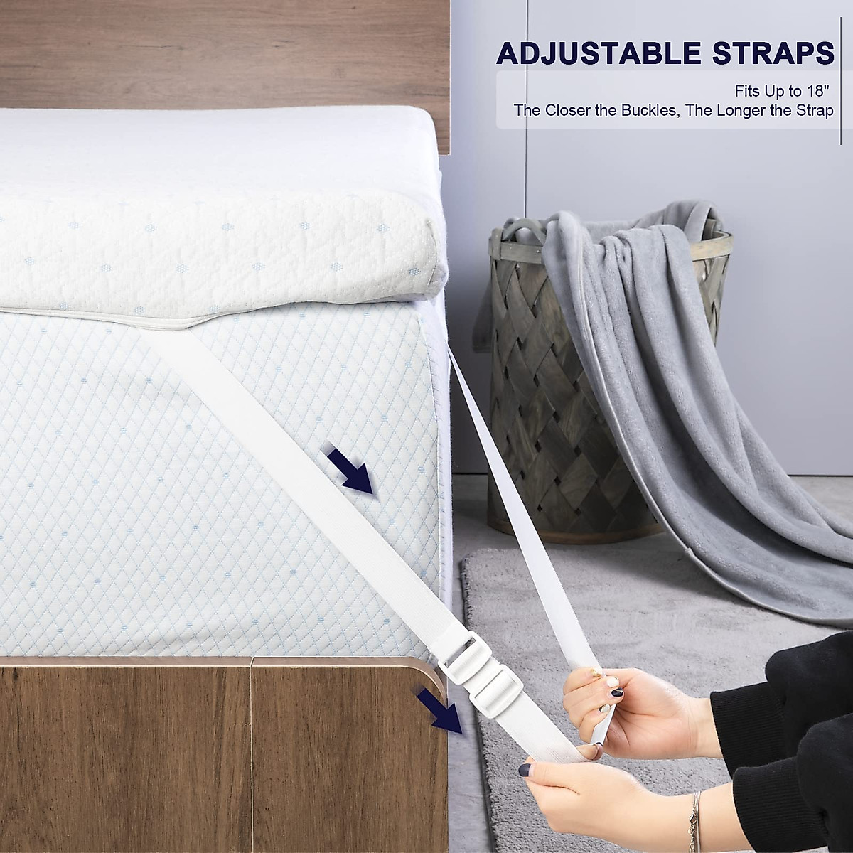 Ferlizer 3 Inch King Mattress Topper Cover, Bamboo Zippered Cover for Mattress Topper, Adjustable Straps, Removable and Washable