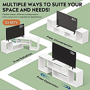 DEVAISE Flat Screen TV Stand for 43 45 55 inch TV, Modern Entertainment Center with Storage Shelves, Media Console Bookshelf for Living Room, White