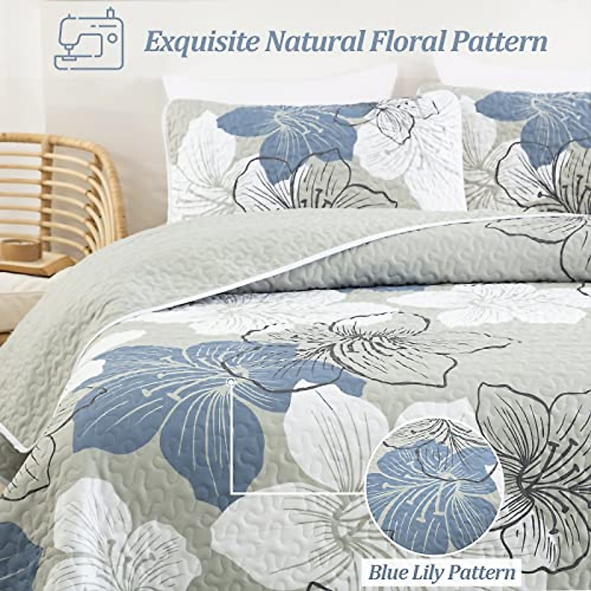 DJY 3 Pieces Quilt Set King Blue Floral Pattern Quilt Coverlet Elegant Bohemian Bedspread with 2 Pillow Shams Soft Lightweight Bedding Quilt Set for Adults (Blue, 104"x90")
