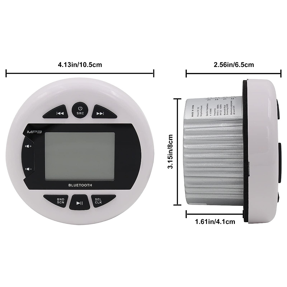 Herdio Round Waterproof Marine Radio - 4 x 40 W Boat in Dash Gauge Stereo Receiver Compatible with Bluetooth, AM FM, 2.75 Inches Digital LCD, USB, AUX, RCA (White)