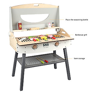 KIDS TOYLAND Wooden Pretend Barbecue Grill Play Set, Play Kitchen Set Cooking Gift for Girls and Boys - Best for 3 4 5 Year Old Kids