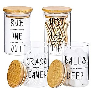 4 Pack Qtip Holder, 10 oz Bathroom Organization with Bamboo Lids, Clear Glass Farmhouse Qtip Holder for Bathroom Vanity, Great for Cotton Swabs, Cotton Ball, Floss, Bathroom Decor