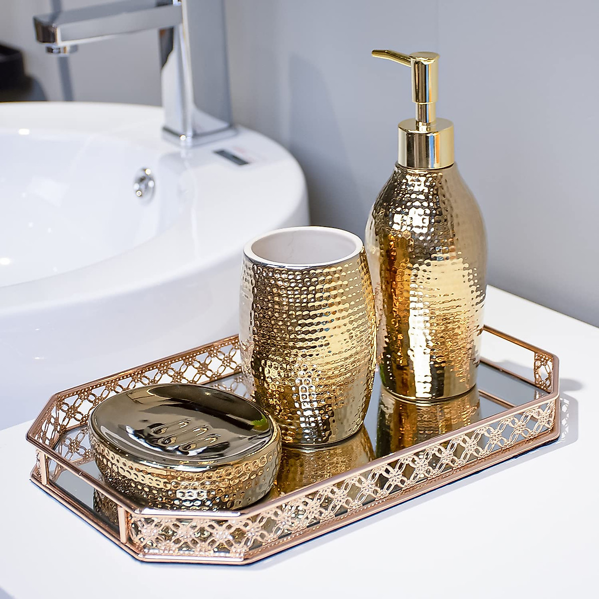 Gold Mirror Tray, Perfume Tray for Dresser, Gold Vanity Trays for Bathroom and Home Decor, 11.6 x 7.7 x 1.2 inches
