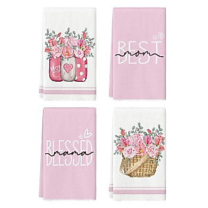 Artoid Mode Tulip Eucalyptus Leaves Vase Flower Basket Blessed Mama Mother's Day Kitchen Towels Dish Towels, 18x26 Inch Seasonal Best Mom Ever Decoration Hand Towels Set of 4