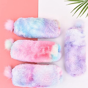 Plush Rainbow Pencil Case for Girls Fluffy Pencil Case Cute Rainbow Pencil Holder Soft Pencil Case Fluffy Pencil Bag Makeup Pouch Colored Storage Bags Large Capacity School Supplies for Kids