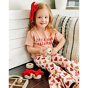 FYBITBO Toddler Baby Girl Valentines Day Outfit Little Miss Short Sleeve Tee Shirt Top Heart Bell Pants Spring Clothes (Heart print pink,6-12 Months)