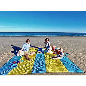 AQUATUS Premium XXL Beach Blanket Sandproof Water Resistant Quick Dry Mat 10ft by 9ft for 1-8 Adults with 4 Metal Stakes, 4 Corner Pockets, Secure Clip and Strap, and Attached Bag