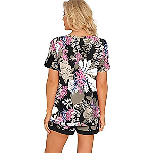 PrinStory Women's Pajama Set Short Sleeve Shirt and Shorts Sleepwear Pjs Sets with Pockets FP-Big Leaf Pink-Large