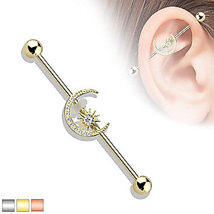 CZ Paved Moon with CZ Center Star 316L Surgical Steel Industrial Barbell (Clear)