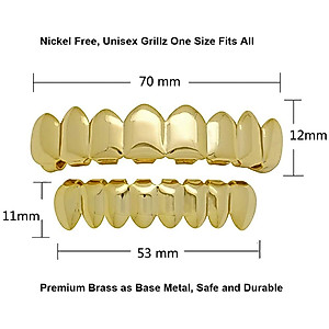 canjoyn 8 Teeth Grillz 18K Gold Top and Bottom Grills Set Shiny Hip Hop Teeth Grillz + Extra Molding Bars