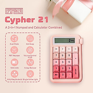 EPOMAKER Cypher 21 Wireless Mechanical Number Pad, 18 Keys Numeric Keypad with Multifunction Knob, Single White Light, NKRO (Pink, Wisteria Linear Switch)
