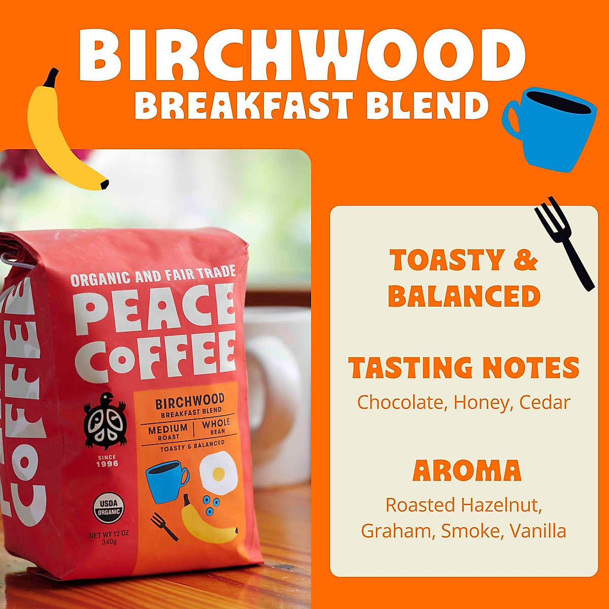 Peace Coffee Birchwood Breakfast Blend | 20 oz Ground Medium Roast | Organic Fair Trade | Smooth, Mild Flavor | Shade Grown, Fresh Roasted