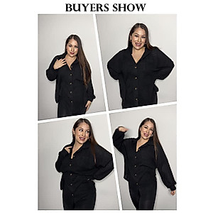 Dokotoo Womens V Neck Waffle Knit Tunic Blouse, Long Sleeve, Button Up, Loose Fit, Solid Color - Medium, Black (Spring Fashion 2023)