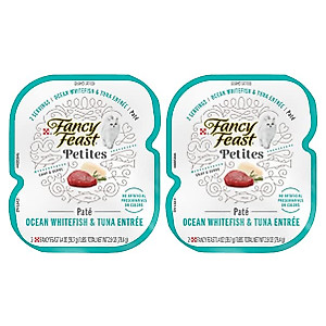 Fancy Feast Petites Pate Wet Cat Food Variety 5 Flavor Pack / 20 Servings/Beef, Chicken, Ocean Whitefish & Tuna, Salmon and Turkey with Healthier Paw Sticker Plus Colorful Plush Ball Cat Toy