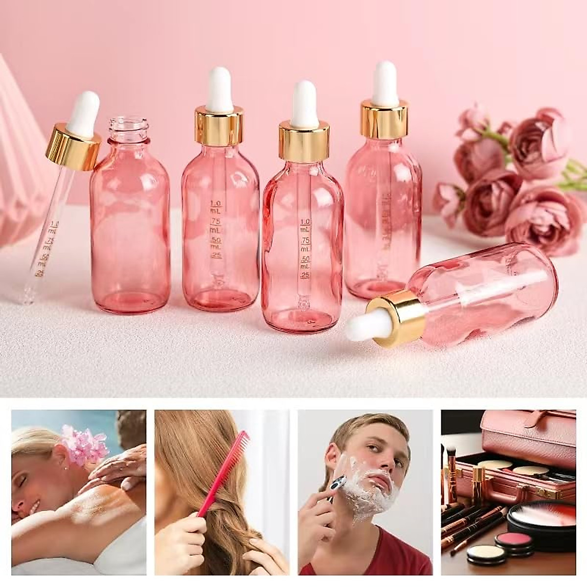 KURTOTEP 24 Pack 2 oz Glass Dropper Bottle with Top Cap Pink Tincture Bottles, 2 Plastic Eye Droppers Measured Pipettes, Essential Oil Bottles Perfume Cosmetic Travel Liquid Containers (pink, 24)