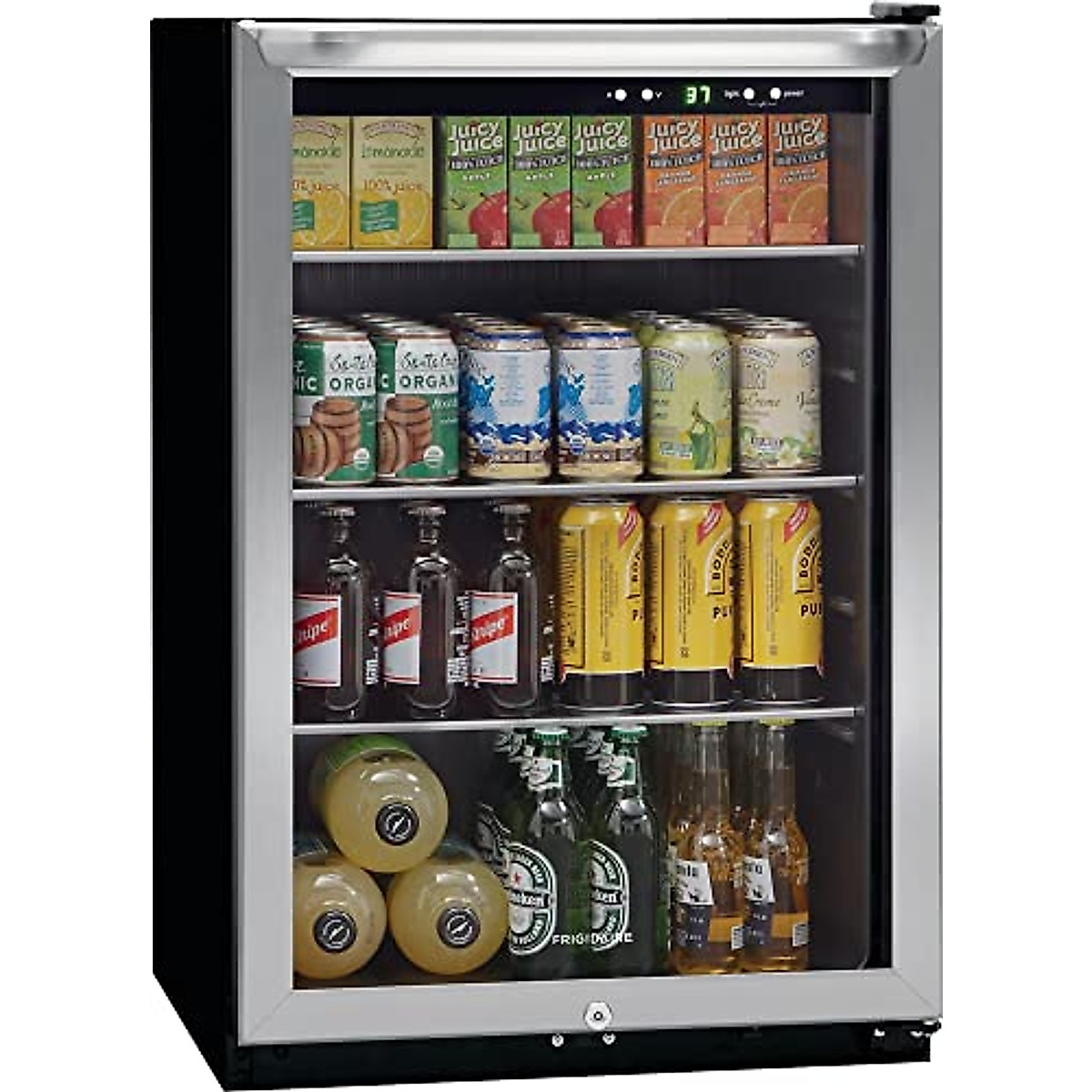 Frigidaire FRYB4623AS Beverage Center holds up to 138 12 oz. cans, Contemporary Handle Design, Electronic Temperature Control with LED Digital Display, Reversible Door Swing Option, in Silver